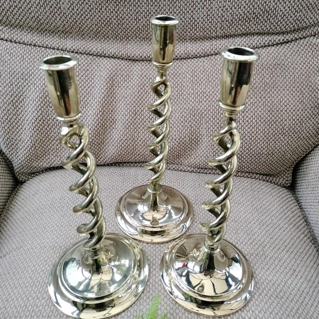 TRIO of Brass Candlesticks, 12" Tall Candle Holders, Open Barley Twist ...