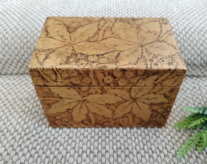 Antique Pyrography Trinket Box, Burned Pattern of Leaves and Berries ...
