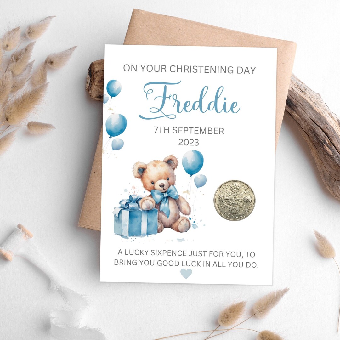 Christening Keepsake for Boys - Lucky Sixpence Coin - Personalised ...