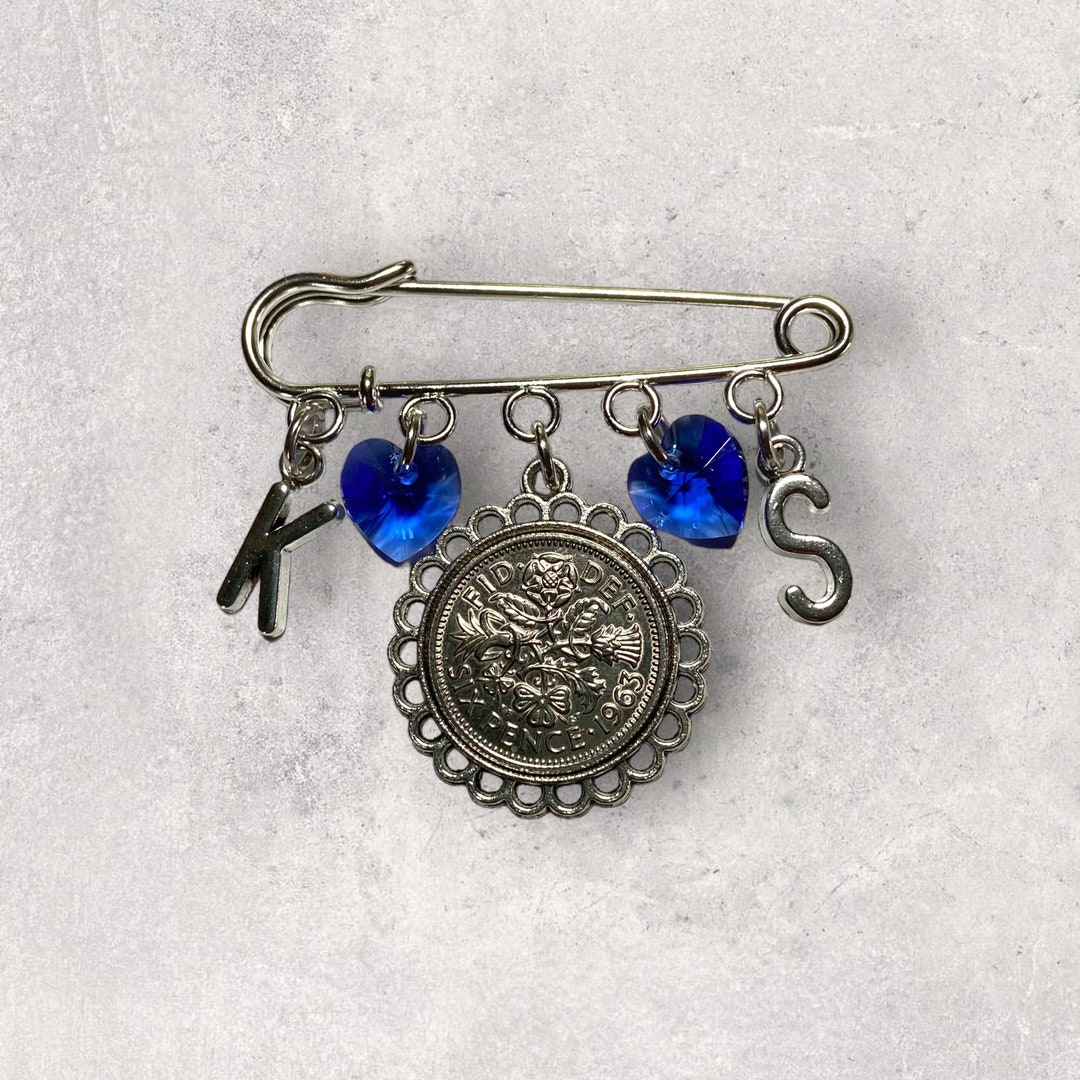 Something Blue Bridal Pin in Gift Box - Bride Lucky Sixpence Coin ...