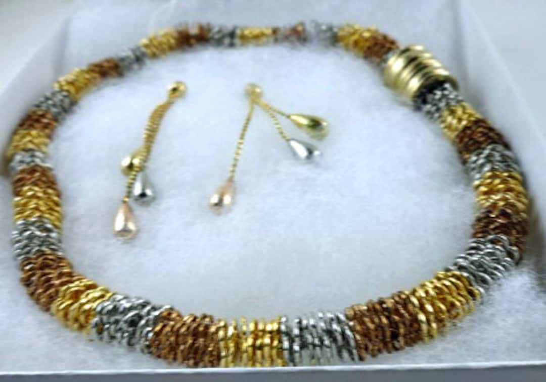 Tri Color Metal Coil Choker Necklace and Earrings - Etsy
