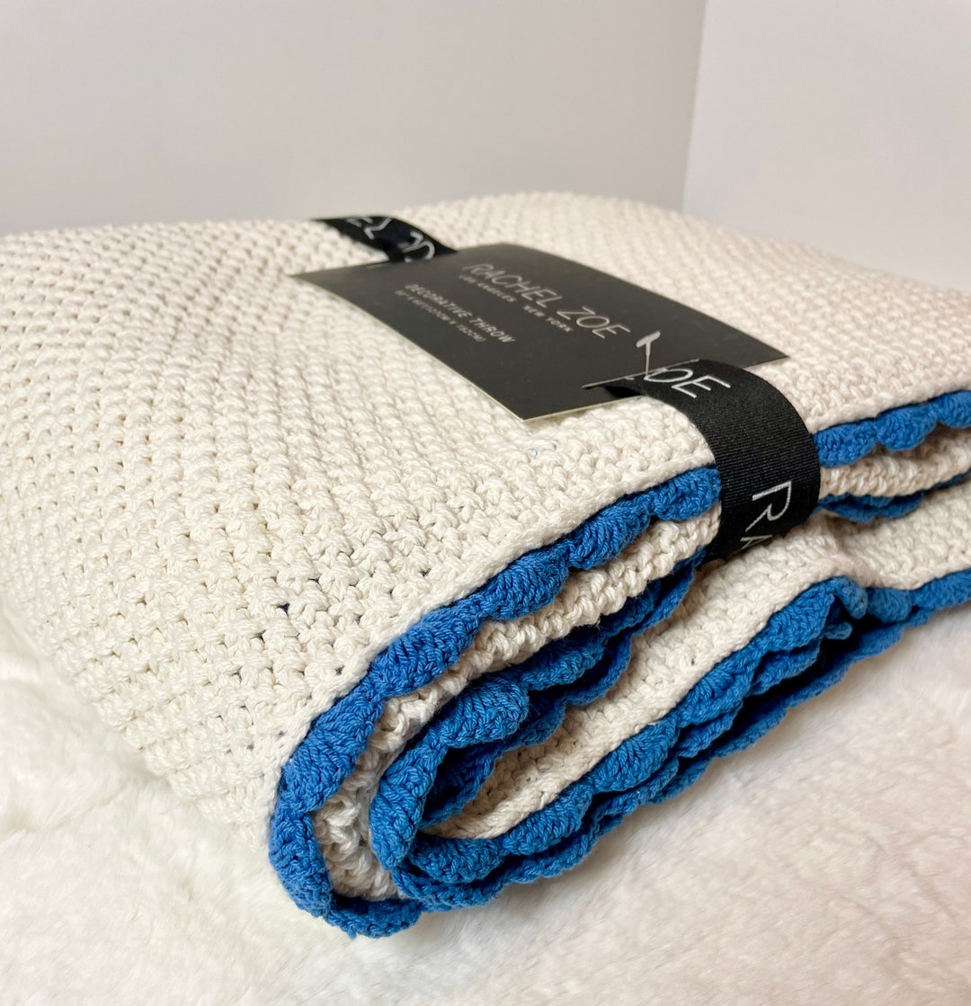 RACHEL ZOE Cream With Blue Border Decorative Knit Throw Blanket NEW ...