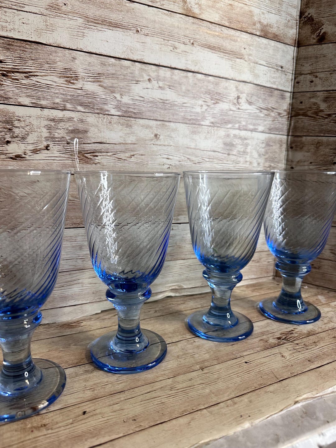 4 Vintage Libbey Pale Blue Optic Swirl Footed Water Goblets Wine ...