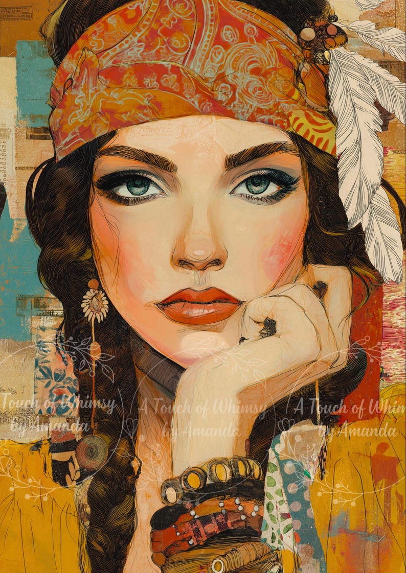 Boho Woman Decoupage Paper, A4 Rice Paper With Florals and Feathers ...