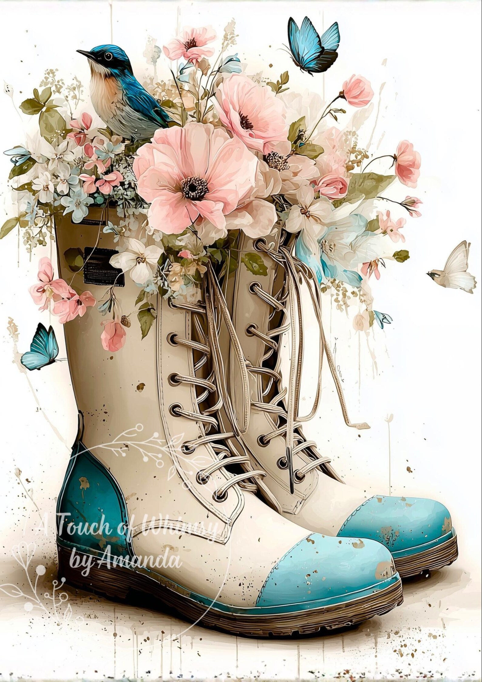 Combat Boots With Spring Flower Bouquet and Birds Butterflies Decoupage ...