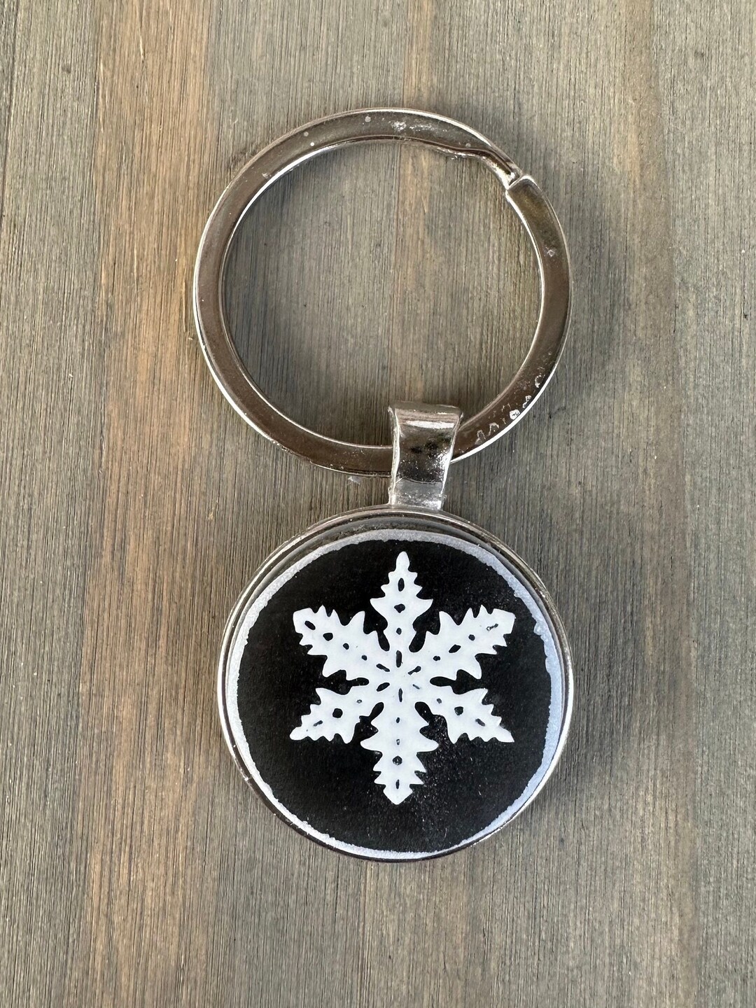 One of a Kind Snowflake on Charcoal Pyrex Silver Keychain - Etsy