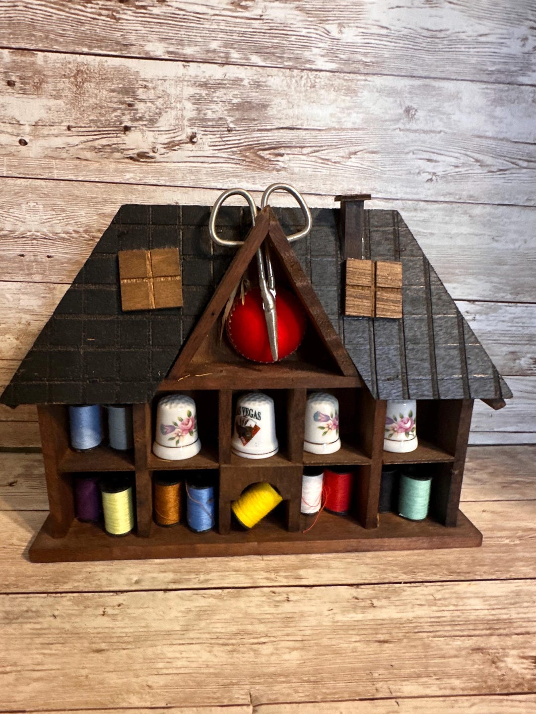 Vintage Thimble Shadow Box Wooden Brown Wall Mount - Holds 20 Small ...