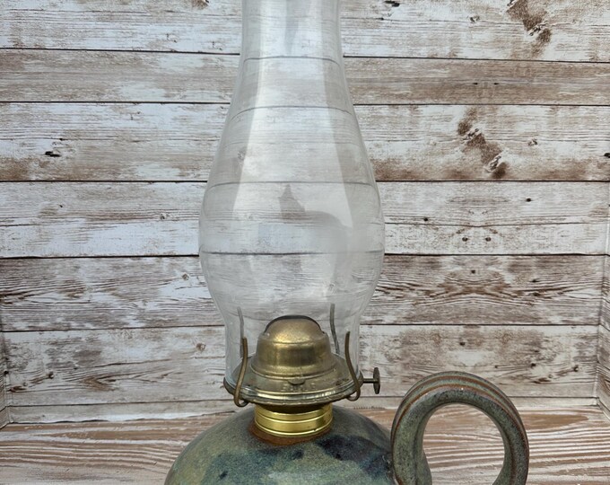 Signed Stone Clay Pottery Hurricane Oil Lamp Lantern Glass Chimney ...
