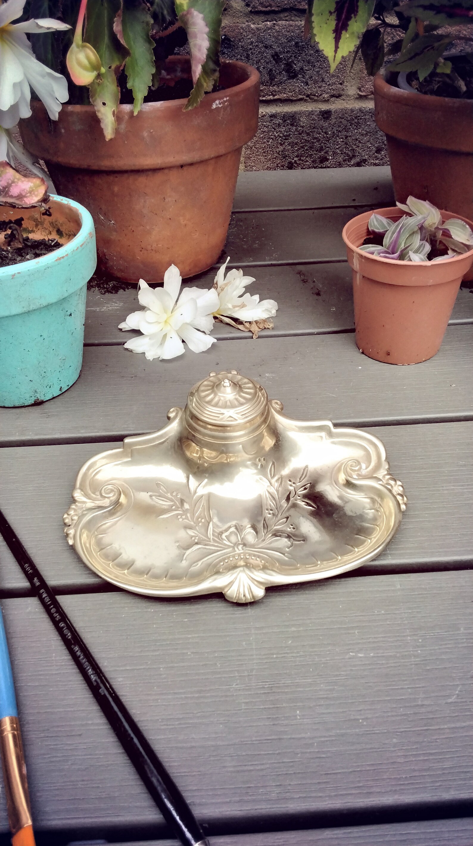 Art Nouveau Pen and Ink Stand, 1920s, Solid Brass. Ink Well Missing ...