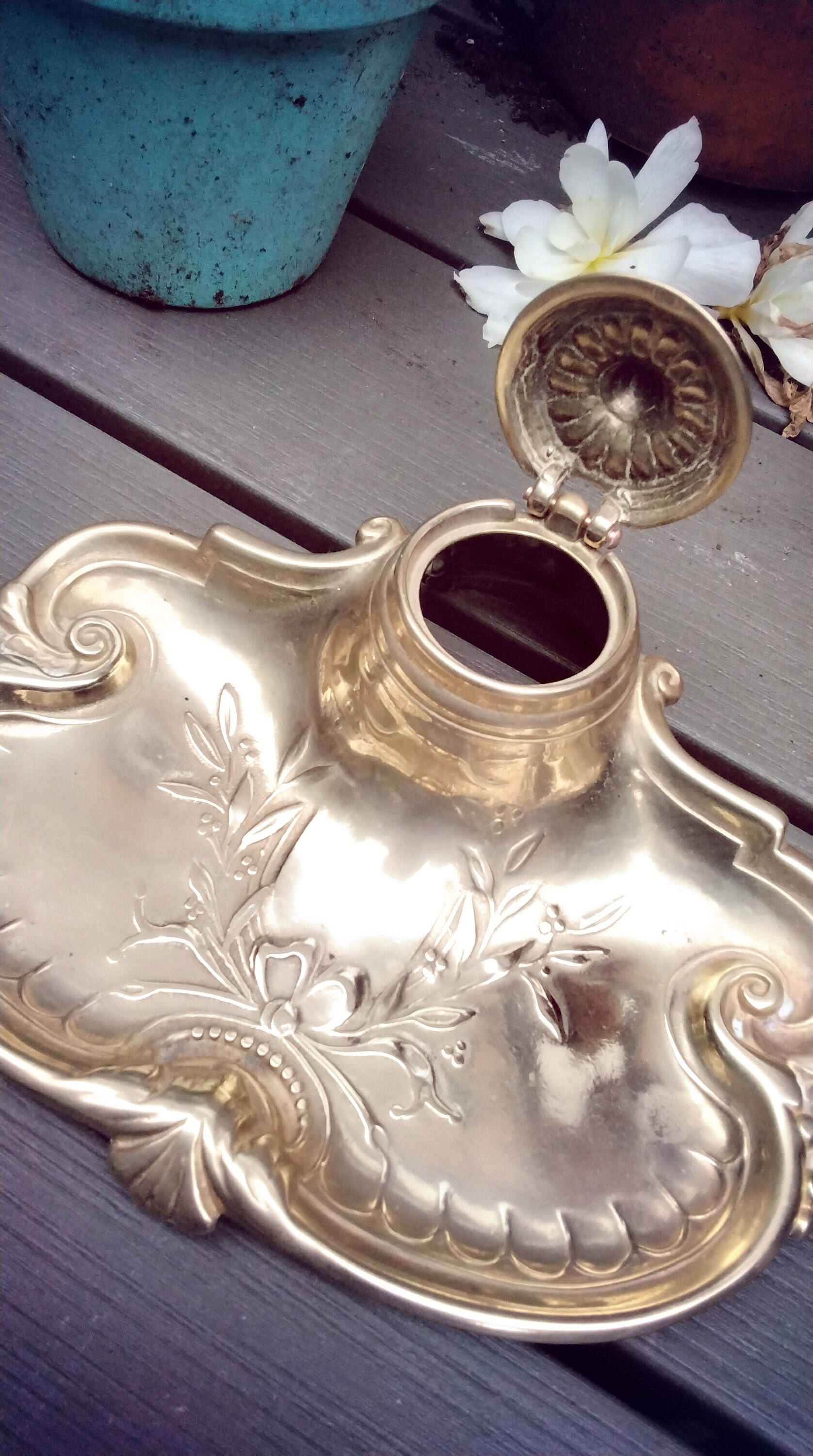 Art Nouveau Pen and Ink Stand, 1920s, Solid Brass. Ink Well Missing ...