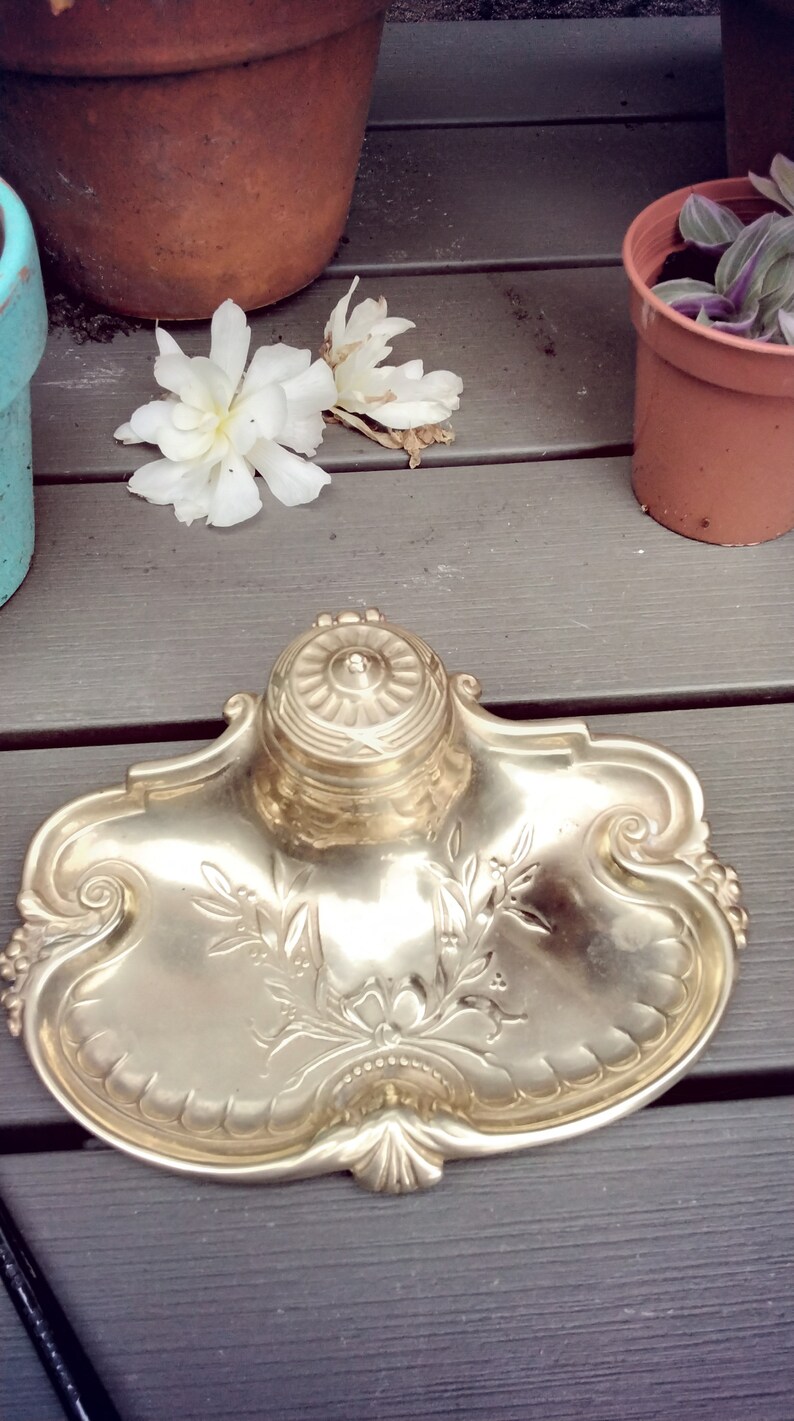 Art Nouveau Pen and Ink Stand, 1920s, Solid Brass. Ink Well Missing ...