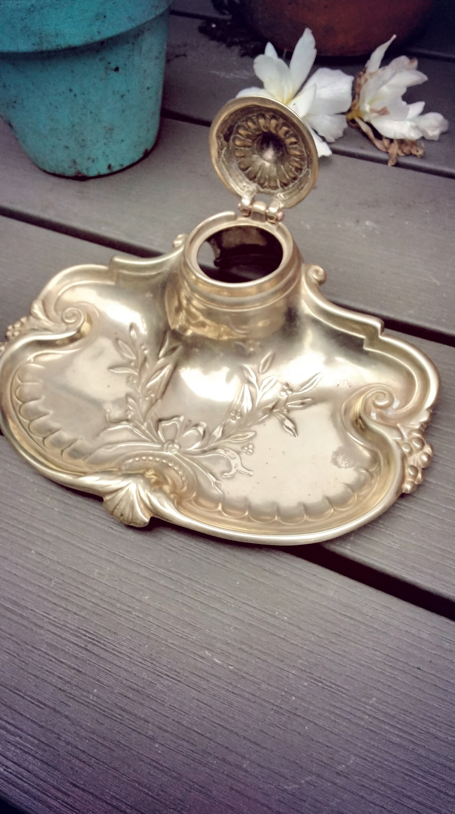 Art Nouveau Pen and Ink Stand, 1920s, Solid Brass. Ink Well Missing ...