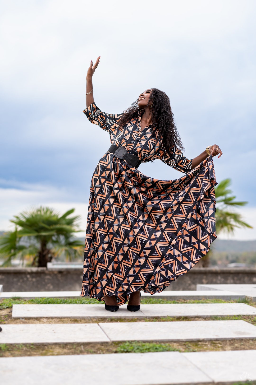 Maxi robe longue en soie satin bogolan-Bohemian Chic-Printed V-Neck ...