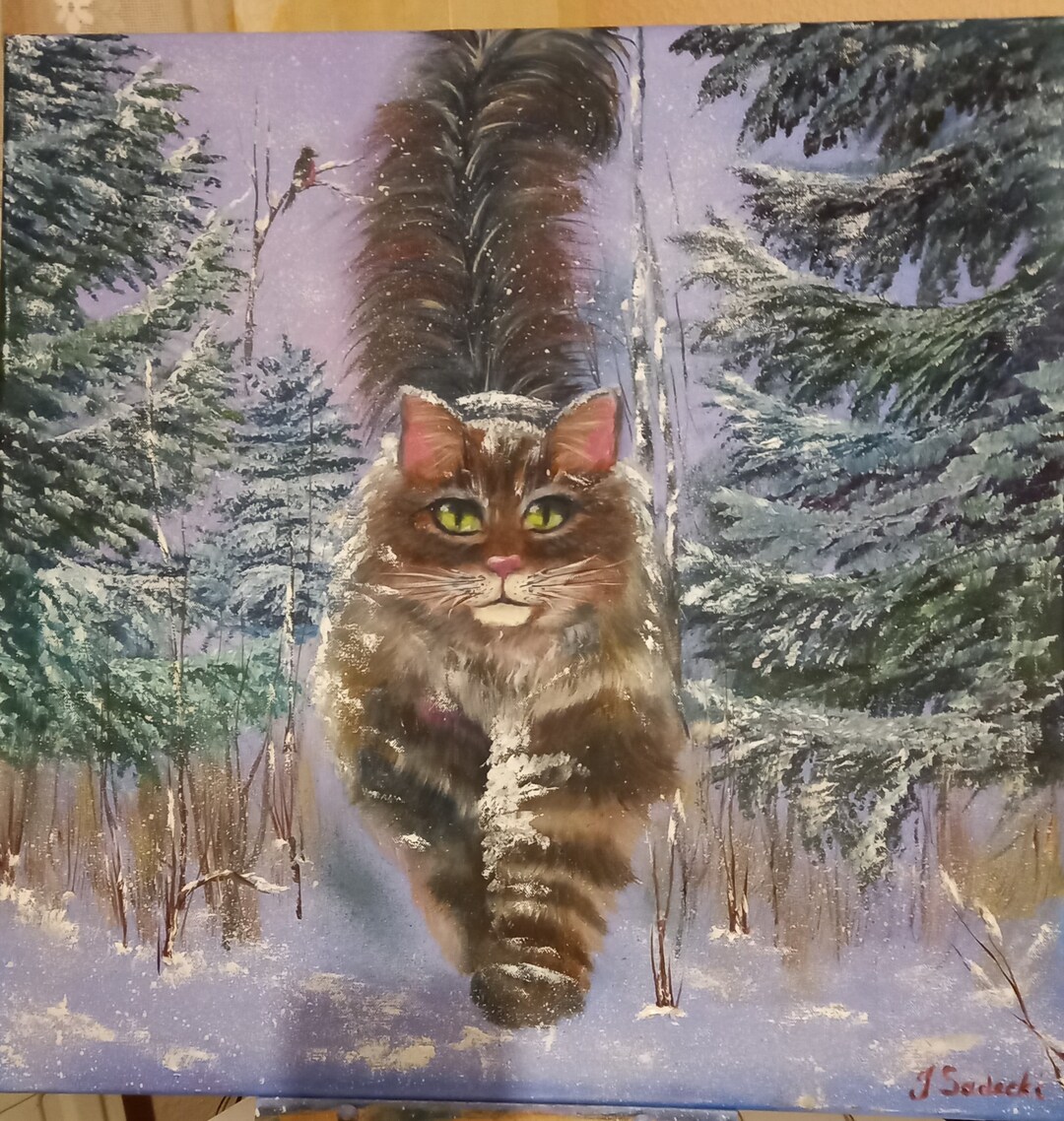 Cat,pet in the Snow,oil Painting,siberian Cat 6080 Winter Landscape ...