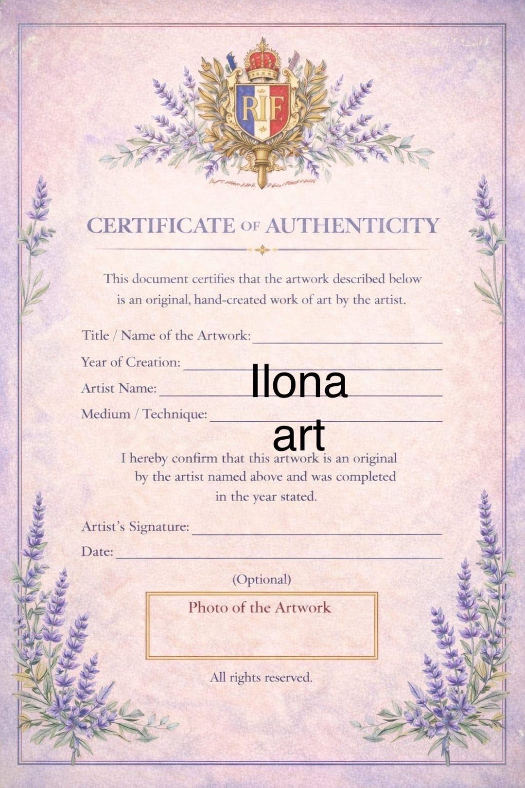 French Certificate of Authenticity Template for Artworks and Paintings ...