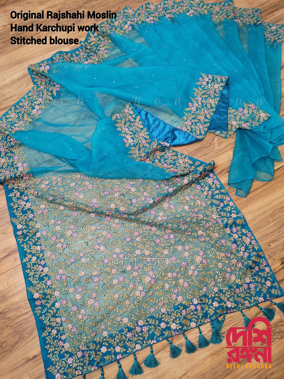 Original Moslin Handmade Stone Embroidery Work Saree, Beautiful Teal ...
