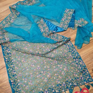 Original Moslin Handmade Karchupri Work Saree, Beautiful Teal Color ...