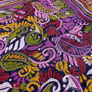 Silk Kantha Saree, Midnight Blue Bangalore Silk With Hand Stitched ...