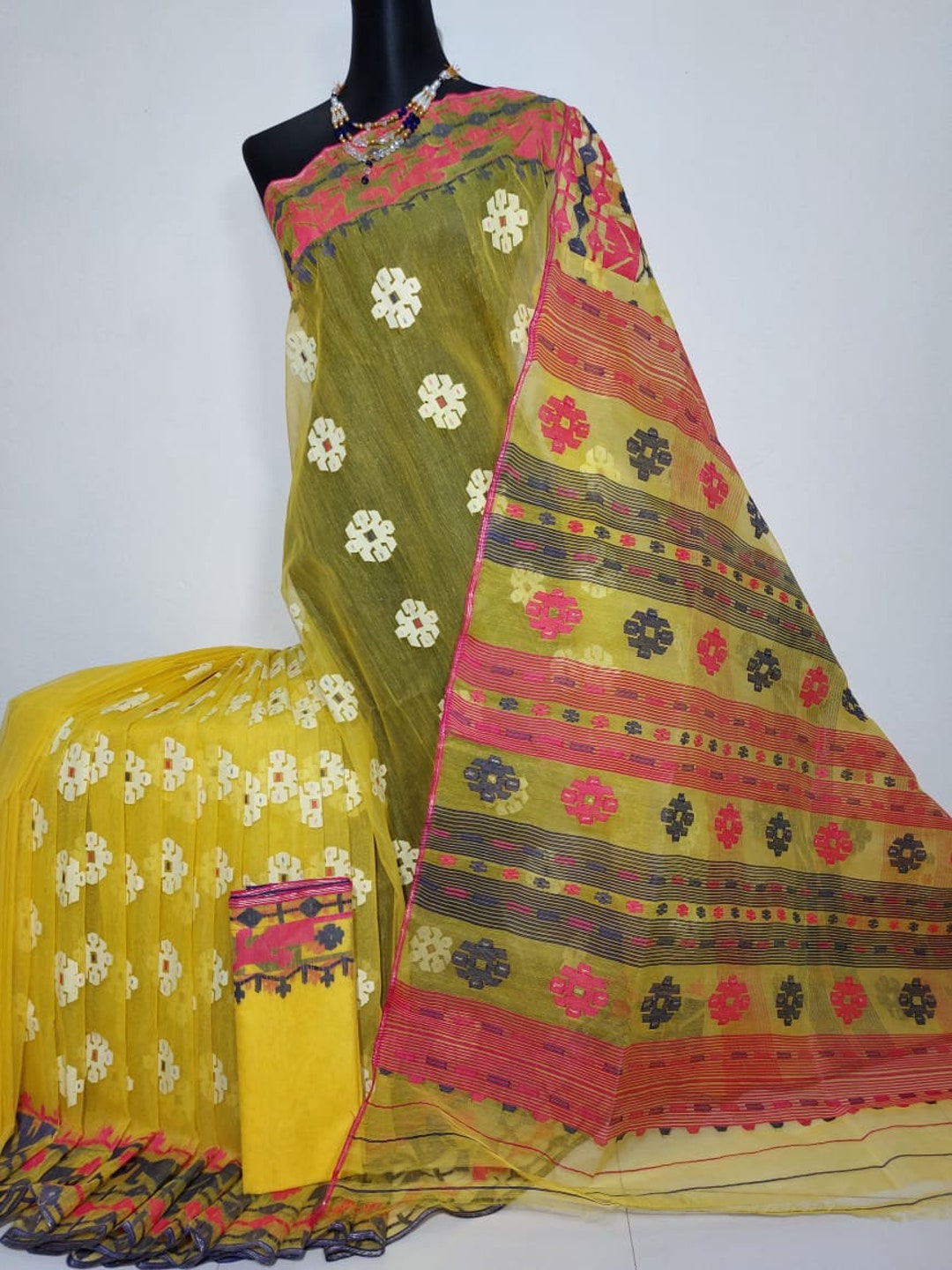 Original Dhakai Jamdani Saree, Yellow With Magenta, Blue, White Work ...