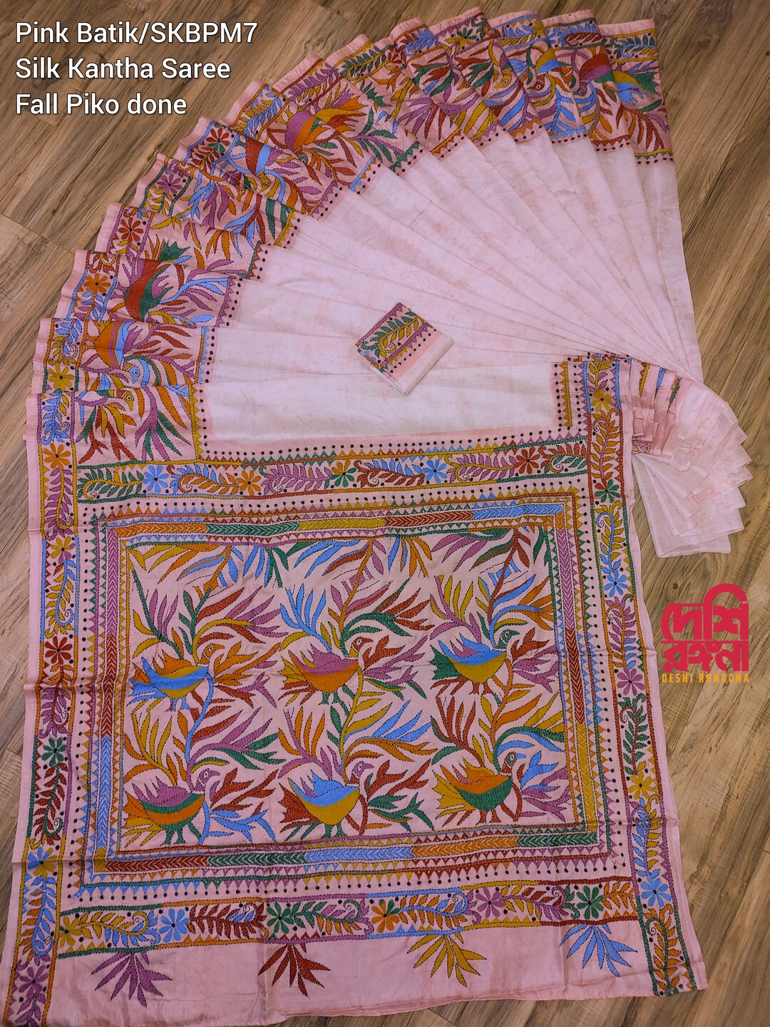 Batik Silk Kantha Saree, Hand Stitched Pink Blended Bangalore Silk With ...