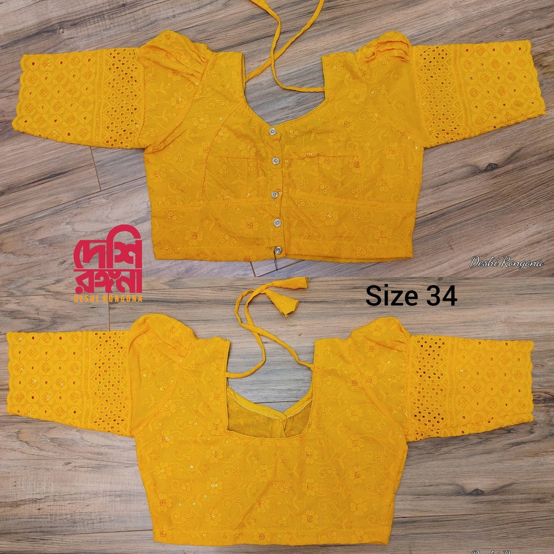 Lakhnaw Cotton Blouse, Yellow Orange Ready Designer Sequined ...