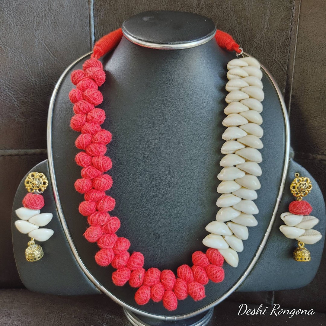 Beautiful Shell Necklace Set, Red White Jewelry, Hand Crafted ...