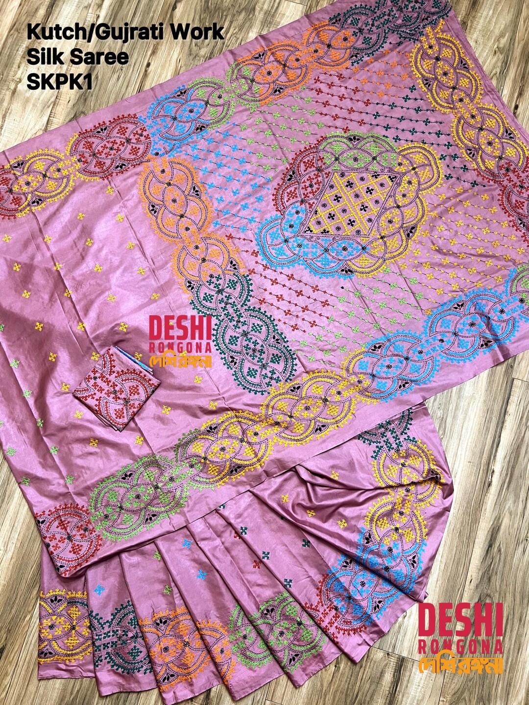 Kutch Work Saree, Hand Stitched, Opera Mauve Bangalore Silk, Multi ...