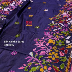 Silk Kantha Saree, Midnight Blue Bangalore Silk With Hand Stitched ...