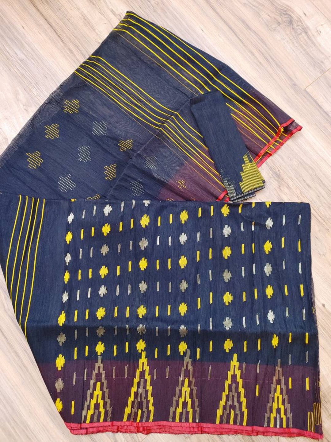 Original Dhakai Jamdani Saree Black With Yellow Jari Work - Etsy Australia