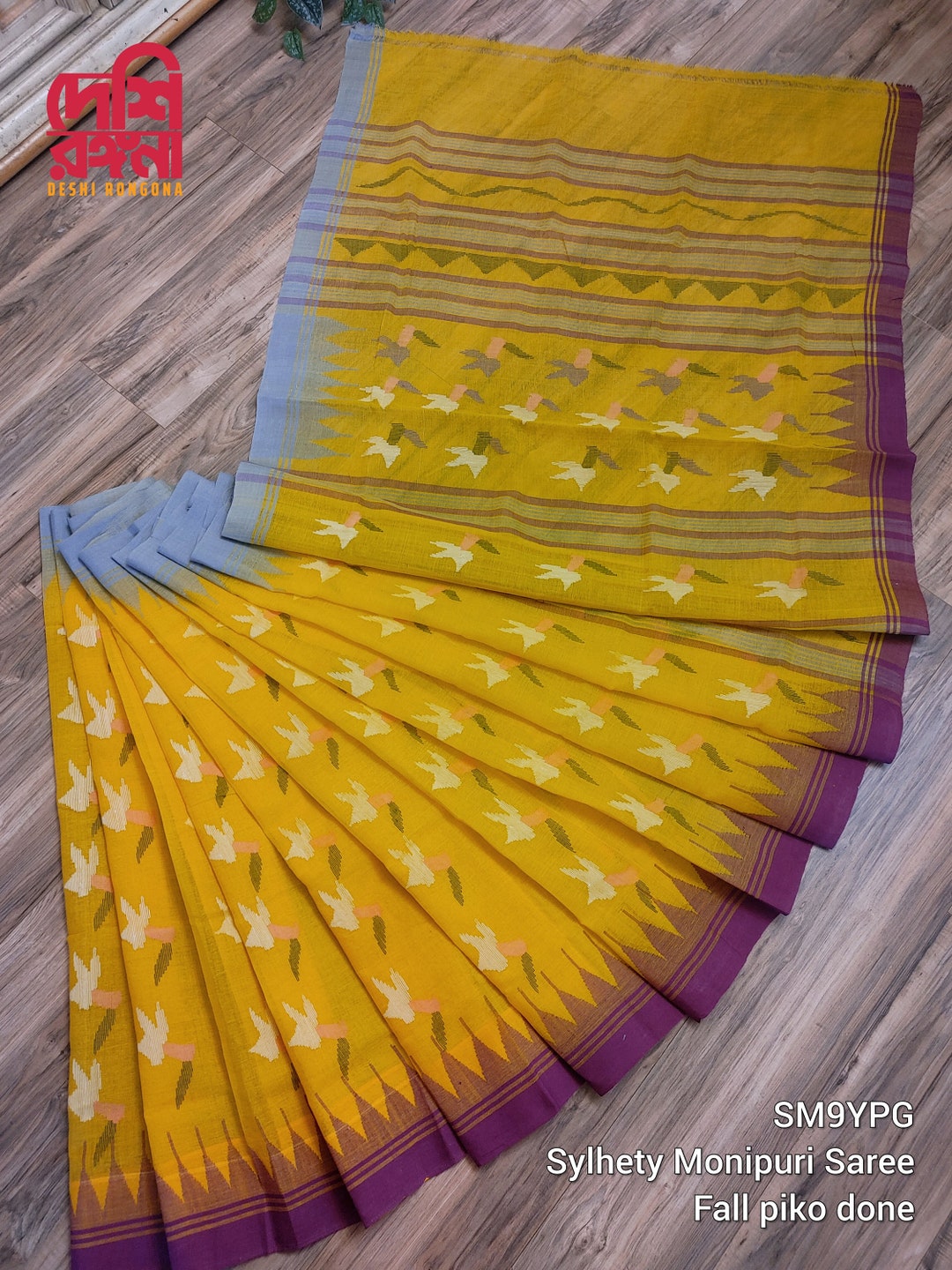 Sylheti Original Monipuri Handwoven Soft Cotton Saree, Yellow With ...