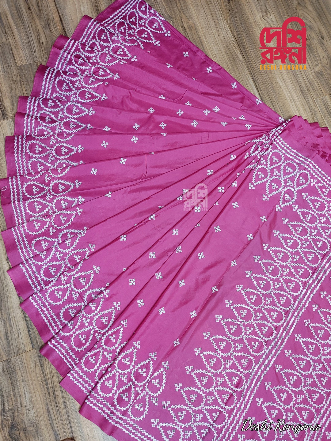 Hand Stiched Kantha Saree, Magenta , Bangalore Silk, White Gujrati ...