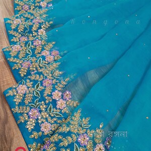 Original Moslin Handmade Karchupri Work Saree, Beautiful Teal Color ...