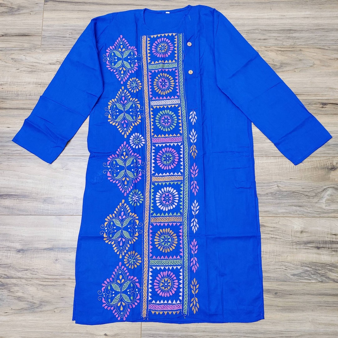 Blue Punjabi, Puja Special Punjabi, Hand Kantha Stitch Cotton Punjabi ...