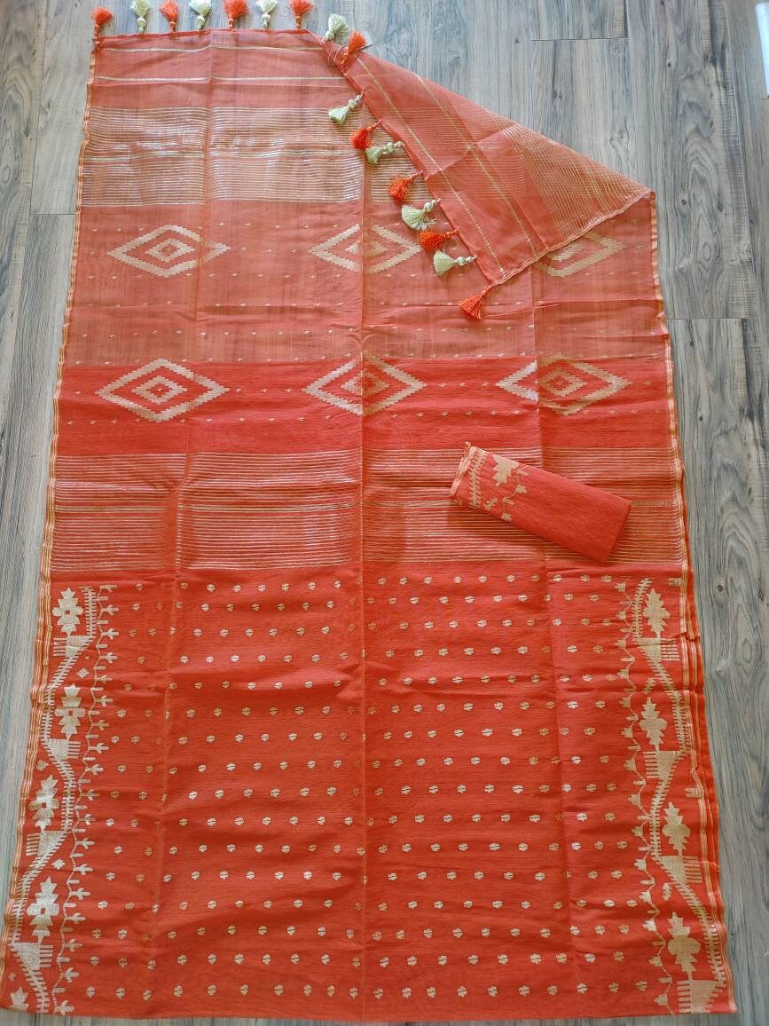 Original Dhakai Jamdani Saree Beautiful Orange and Golden - Etsy