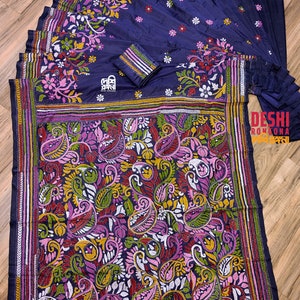 Silk Kantha Saree, Midnight Blue Bangalore Silk With Hand Stitched ...