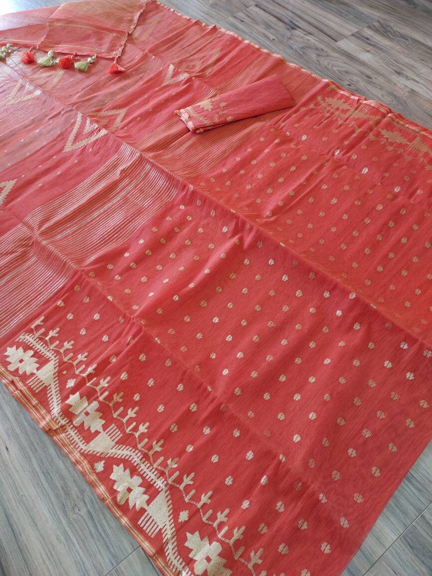 Original Dhakai Jamdani Saree Beautiful Orange and Golden - Etsy