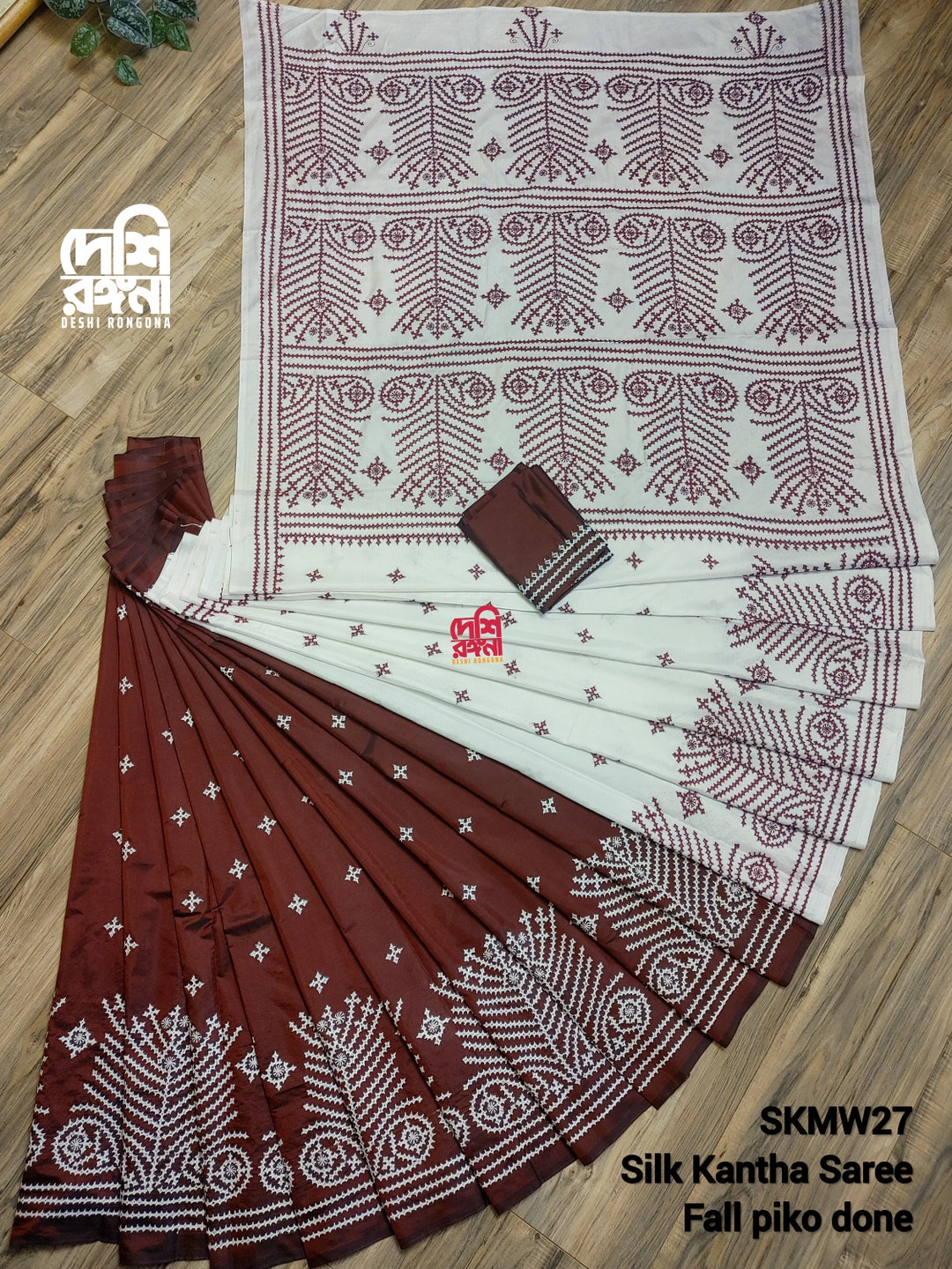 Hand Stitched Kutch Work Saree, Maroon & White Contrast Bangalore Silk ...