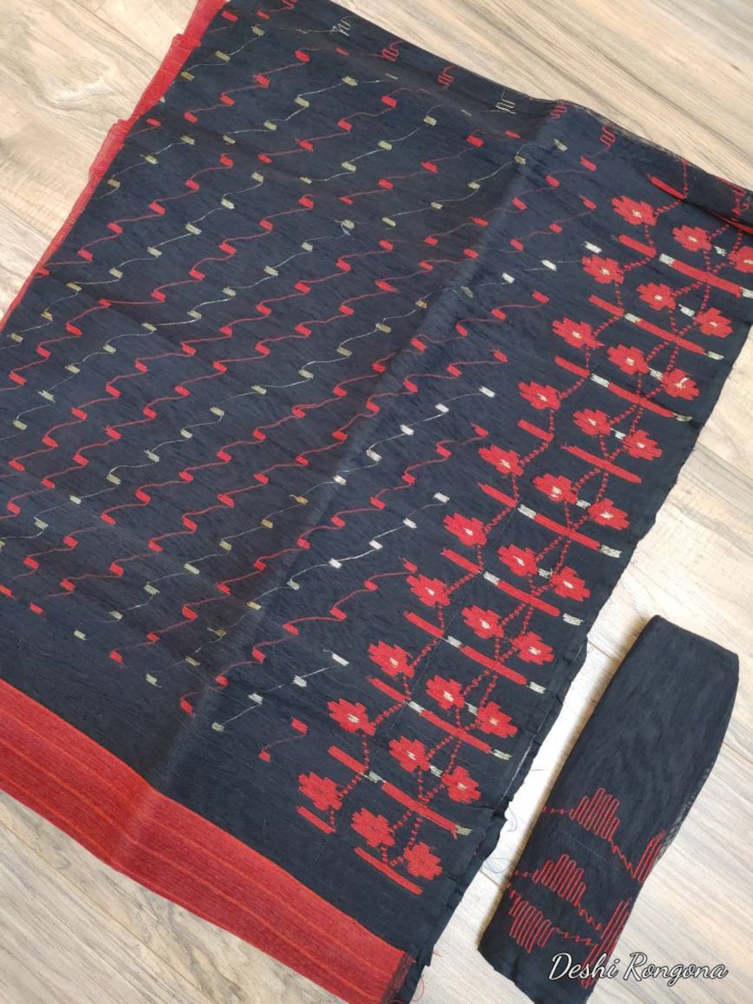 Original Dhakai Jamdani Saree, Black With Red Contrast Work, Made in ...