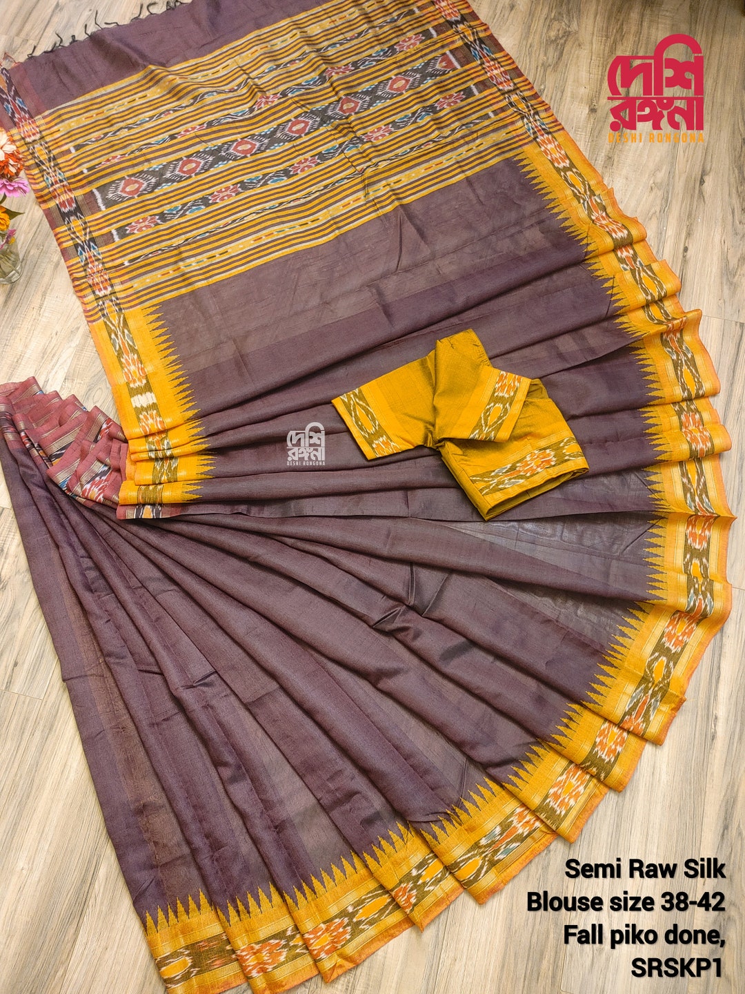 Raw Silk, Ikkat Temple Border, Plum, Handwoven Saree, Soft, Contrast ...
