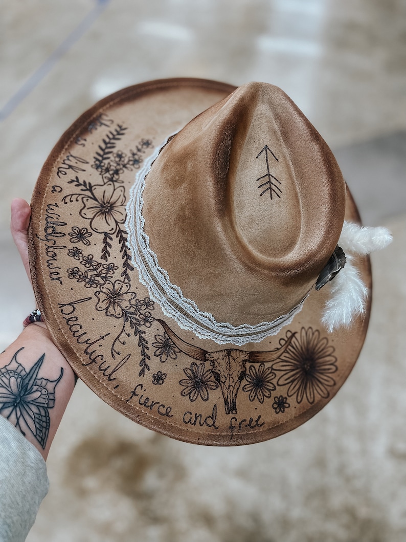 Custom Hand Burned Wide Brim Suede Fedora Hat Floral, Wildflower, Bull Skull, Longhorn, Concert ...