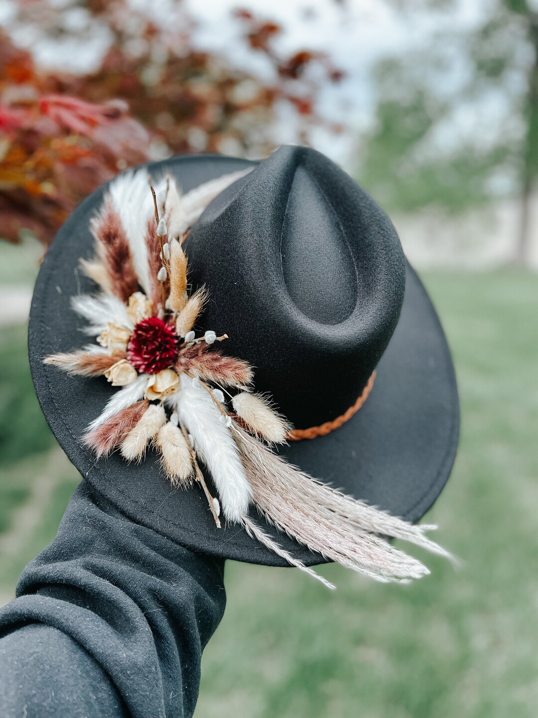 Black Wide Brim Fedora Hat With Dried Flowers & Pampas Grass | Derby ...