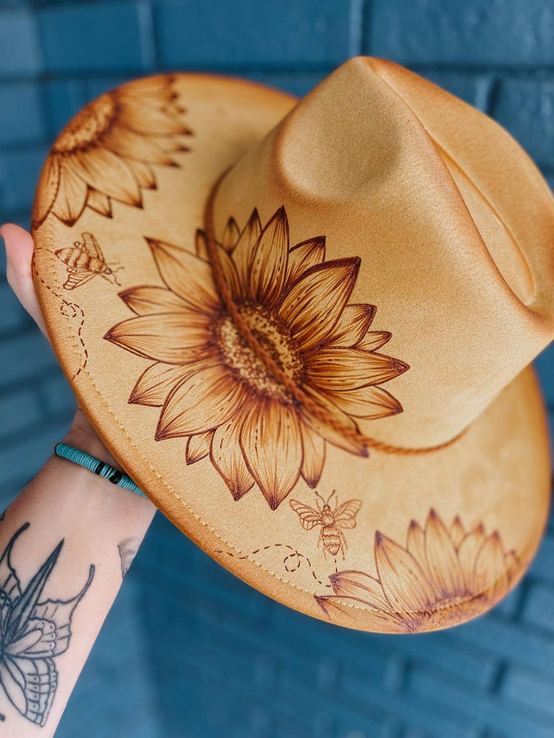 Mustard Yellow Sunflower and Bee Custom Wide Brim Fedora Hat | Lainey Wilson, Burned, Brown ...