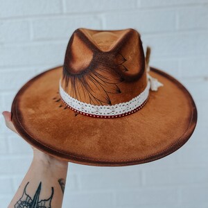 Sunflower Hand Burned Wide Brim Fedora Hat | Custom Floral Concert Summer Brown Lainey Wilson ...