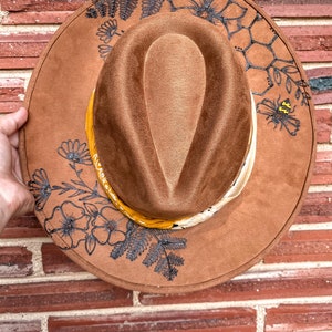 Hand Burned and Beaded Wide Brim Custom Fedora Hat | Honey Bee, Flowers, Floral, Country ...