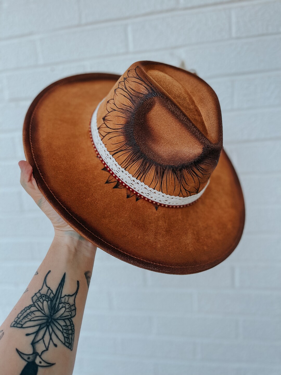 Sunflower Hand Burned Wide Brim Fedora Hat | Custom Floral Concert Summer Brown Lainey Wilson ...