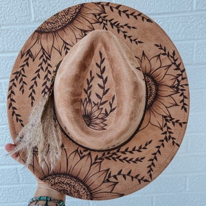 Hand Burned Custom Wide Brim Fedora Hat | Floral, Flower, Sunflower, Summer, Derby, Concert ...