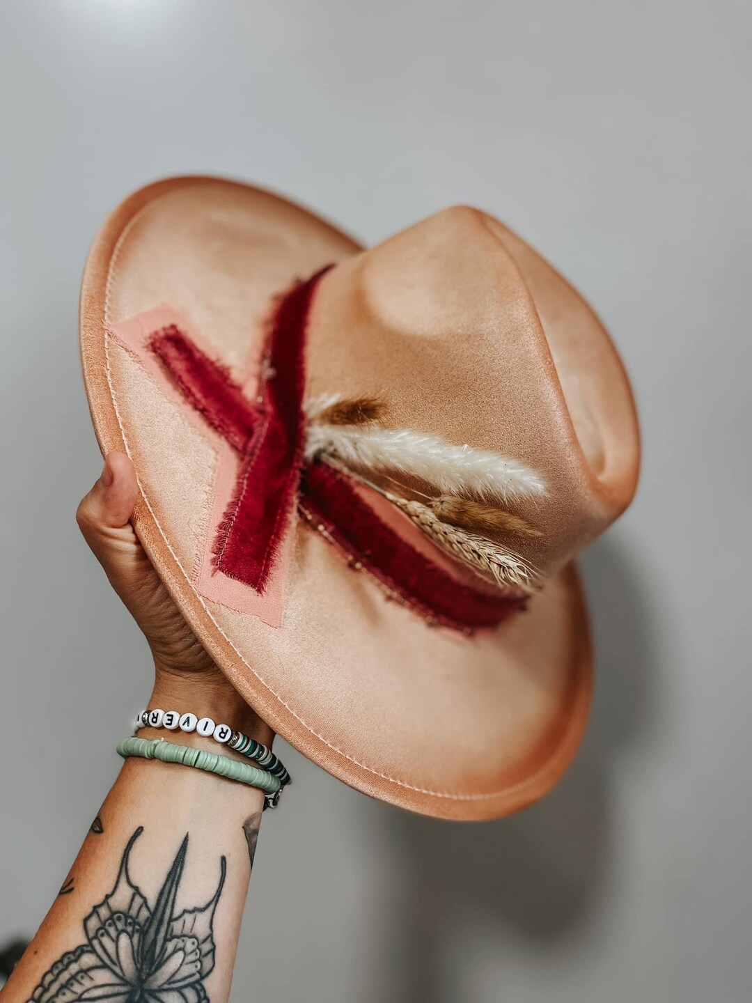 Peach and Burgundy Wide Brim Fedora Hat | Feather, Gemstones, Simple ...