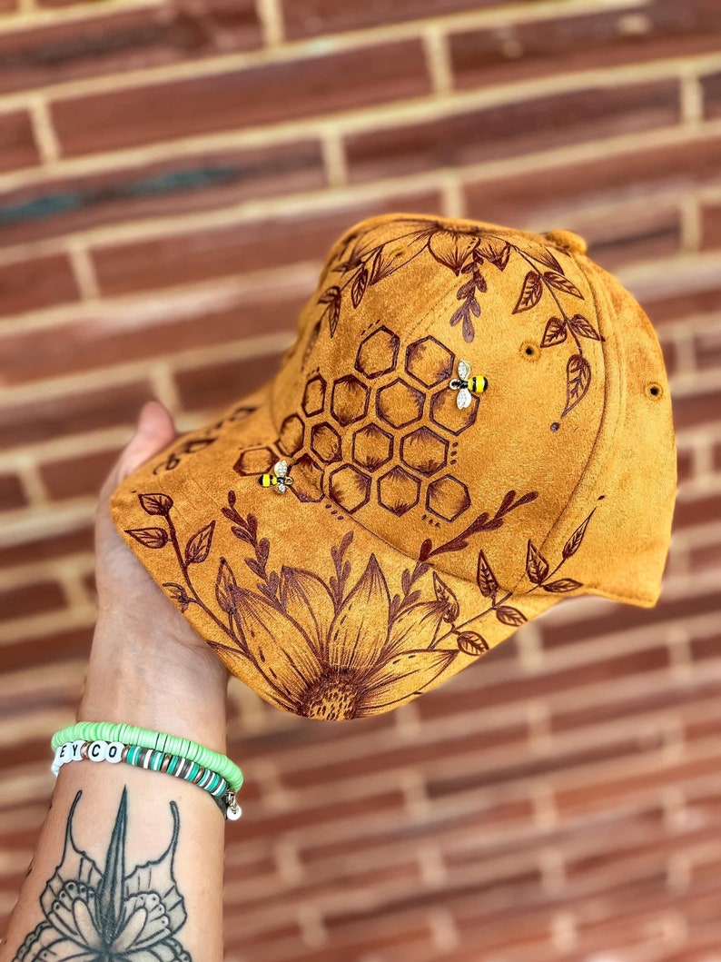 Burned Bee and Sunflower Baseball Trucker Cap Hat Floral Summer Mustard Concert Flower Cute Gift ...