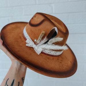 Sunflower Hand Burned Wide Brim Fedora Hat | Custom Floral Concert Summer Brown Lainey Wilson ...