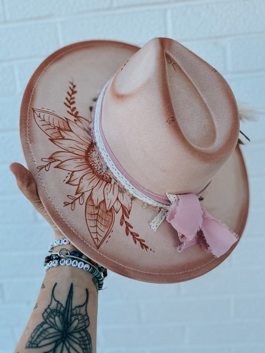 Hand Burned Custom Wide Brim Fedora Hat | Peach Pink Sunflower Floral Concert Derby Lainey ...